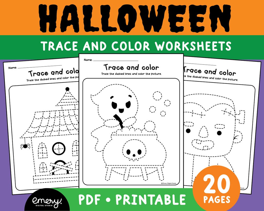 Halloween Worksheets, Trace and Color, 20 Halloween Tracing Sheets ...