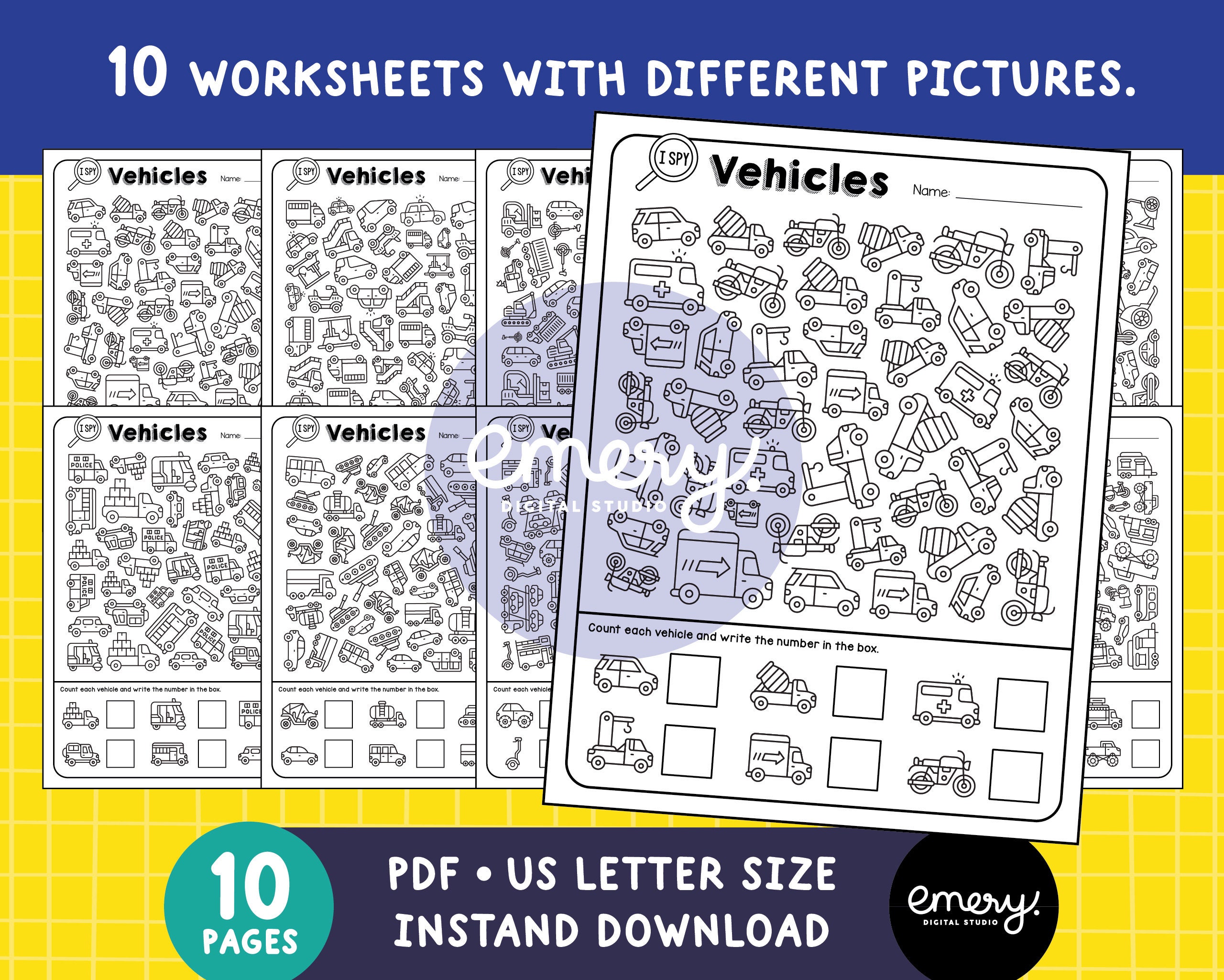 I Spy Vehicles Activity for Kids, Find and Count Worksheets, I Spy ...