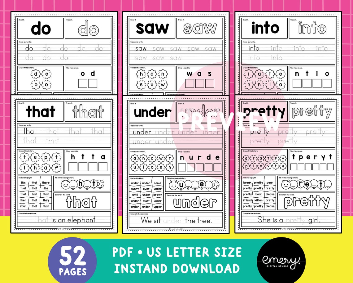 Kindergarten Dolch Sight Word Worksheets, Primer Sight Words, 52 Sight ...