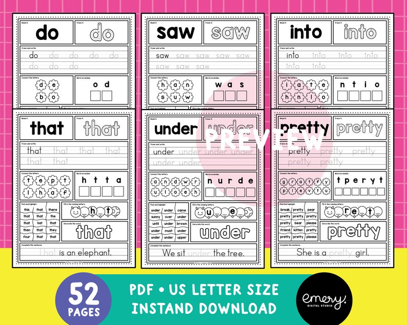 Kindergarten Dolch Sight Word Worksheets, Primer Sight Words, 52 Sight ...