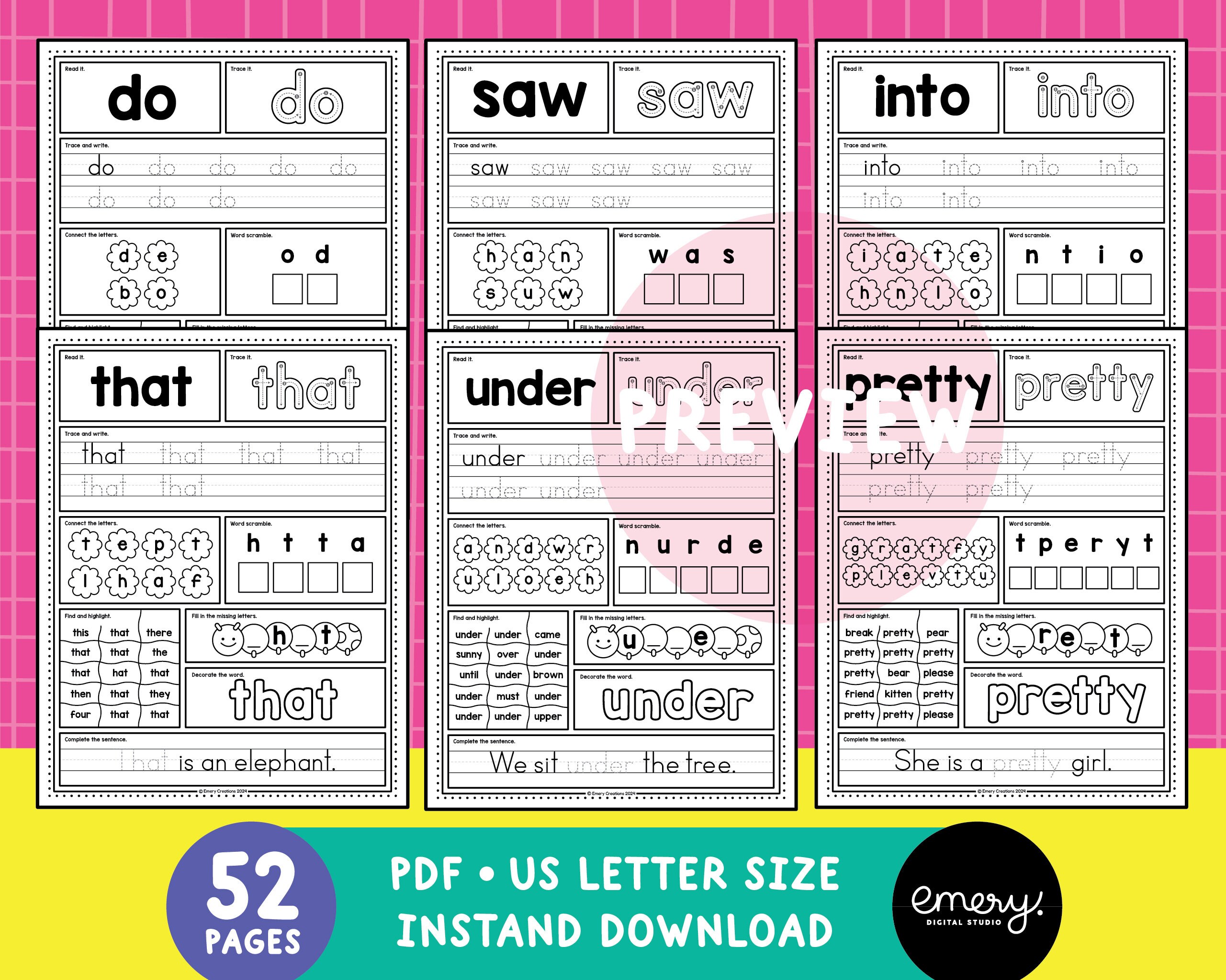 Kindergarten Dolch Sight Word Worksheets, Primer Sight Words, 52 Sight ...