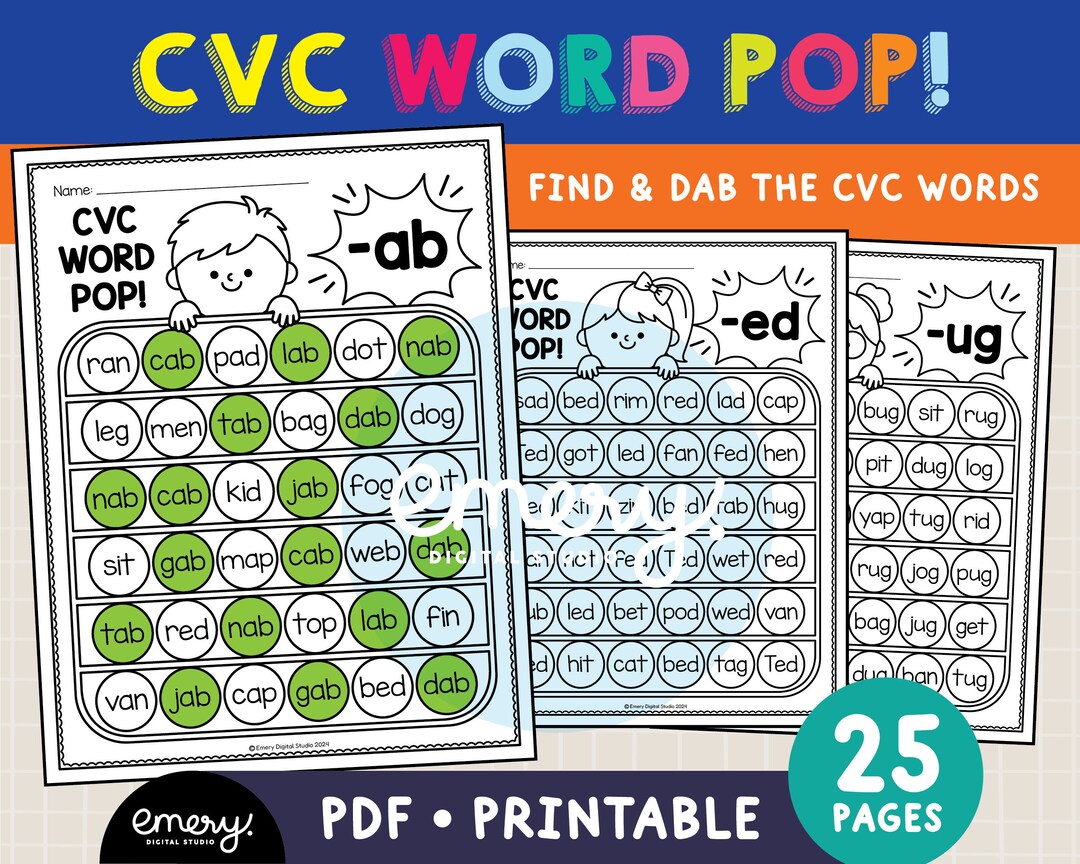 CVC Word Pop Activity, Find and Dab the CVC Word Worksheets - Etsy