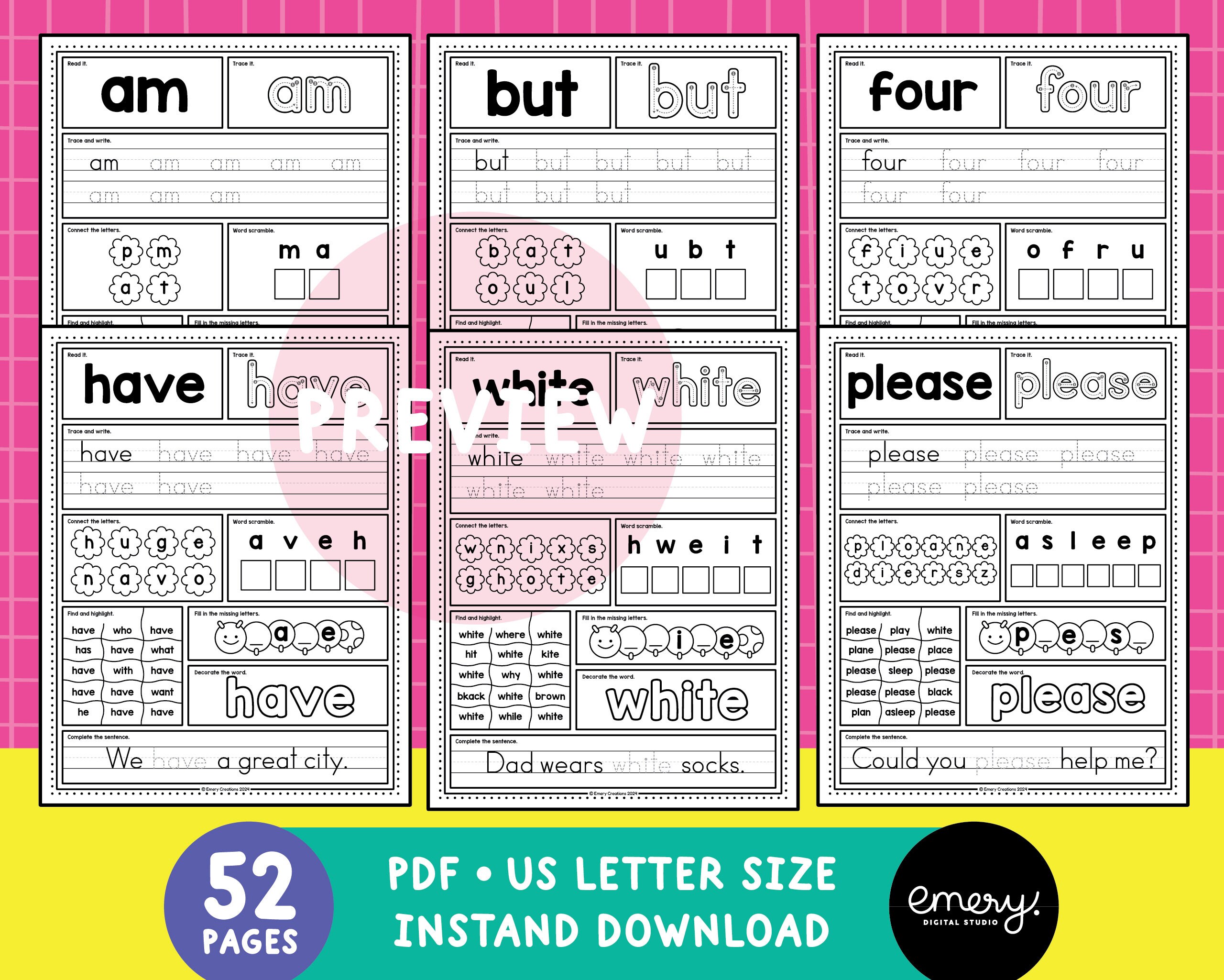 Kindergarten Dolch Sight Word Worksheets, Primer Sight Words, 52 Sight ...