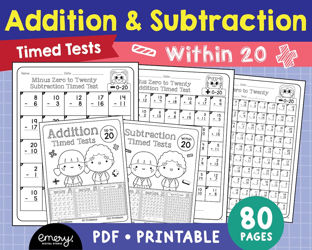 Addition & Subtraction Timed Test Worksheets, Math Facts, Math ...