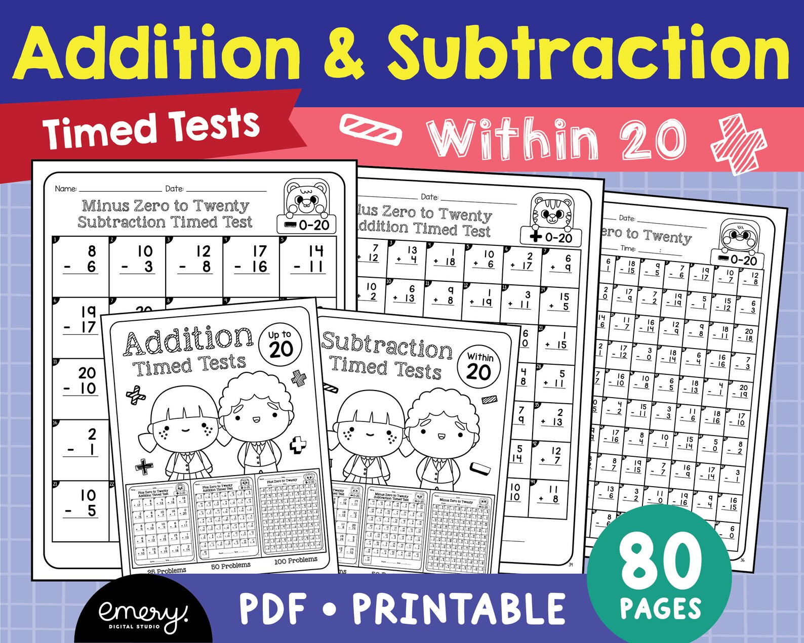 Addition & Subtraction Timed Test Worksheets, Math Facts, Math ...