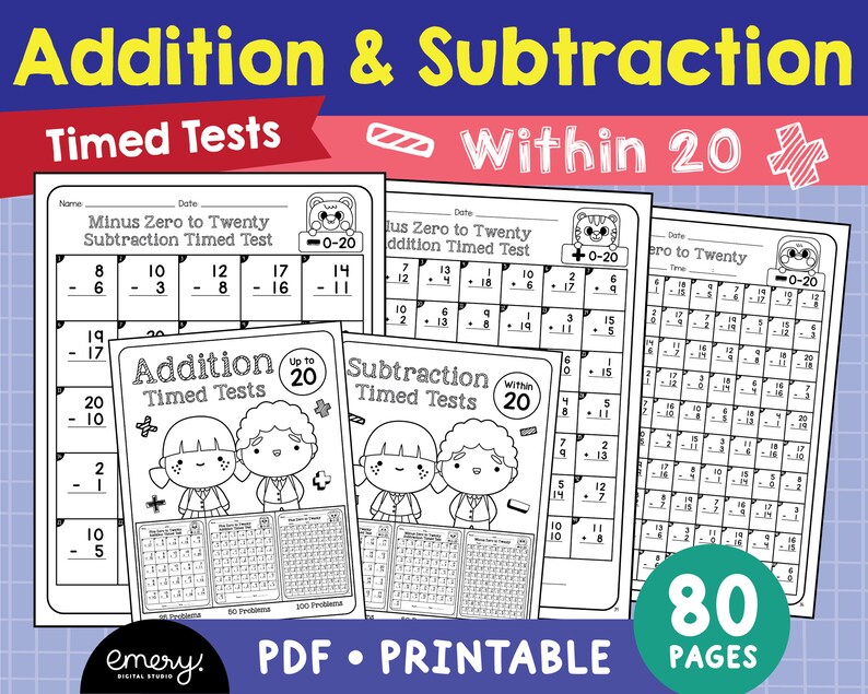Addition & Subtraction Timed Test Worksheets, Math Facts, Math ...
