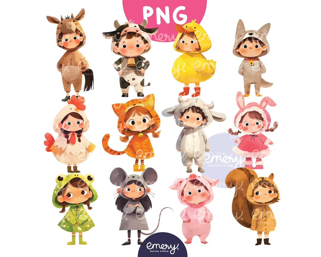 Farm Animals PNG, Kids Wearing Animal Costumes Clipart, Kids Mascot ...