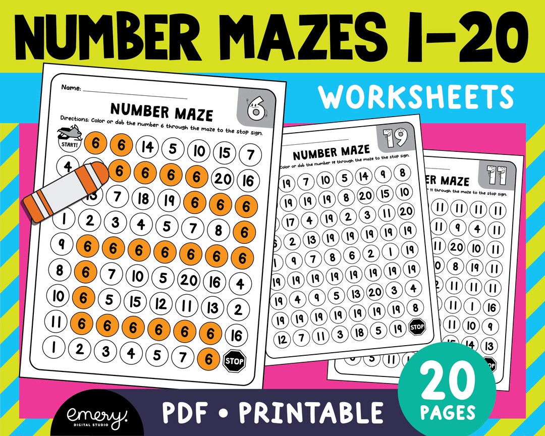 Number Mazes 1-20 Worksheets, Dot the Number Mazes, Dot Marker Number ...
