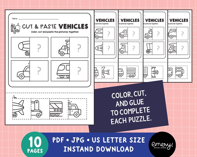 Vehicle Cut and Paste Worksheets for Kindergarten, Preschool, Back to ...