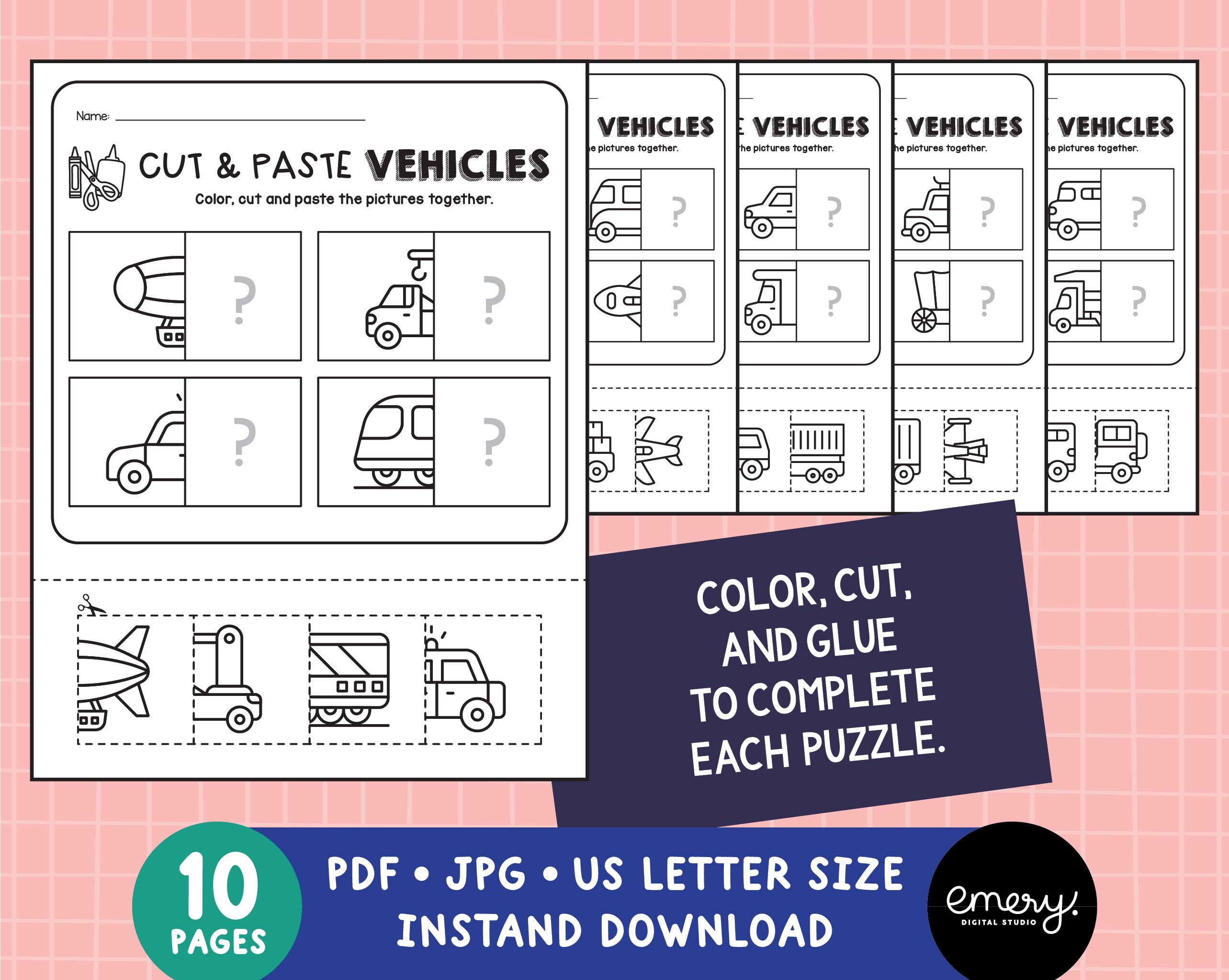 Vehicle Cut and Paste Worksheets for Kindergarten, Preschool, Back to ...