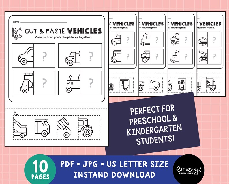 Vehicle Cut and Paste Worksheets for Kindergarten, Preschool, Back to ...