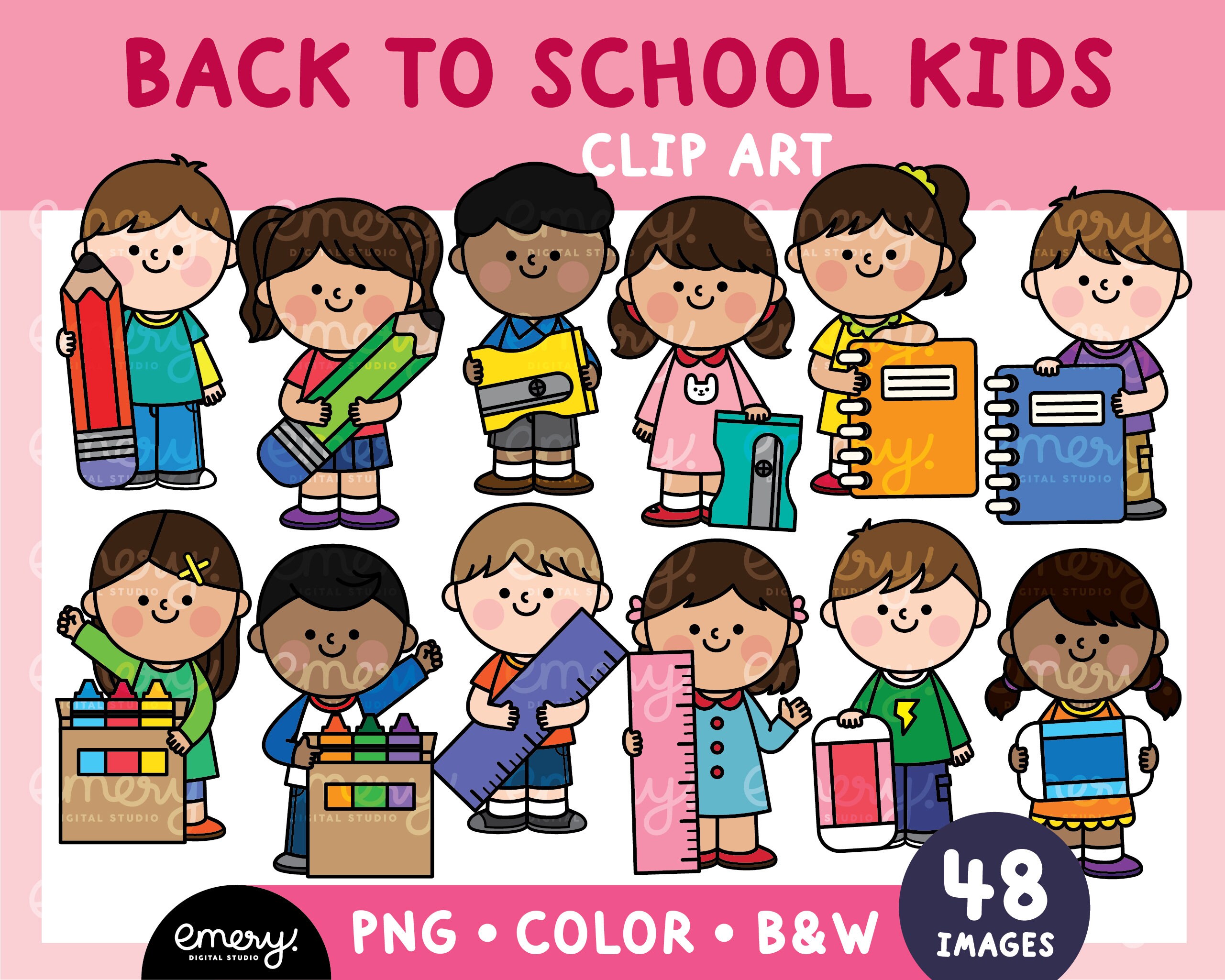 Back to School Kids Clipart, Kids With Stationery Clipart, Back to ...