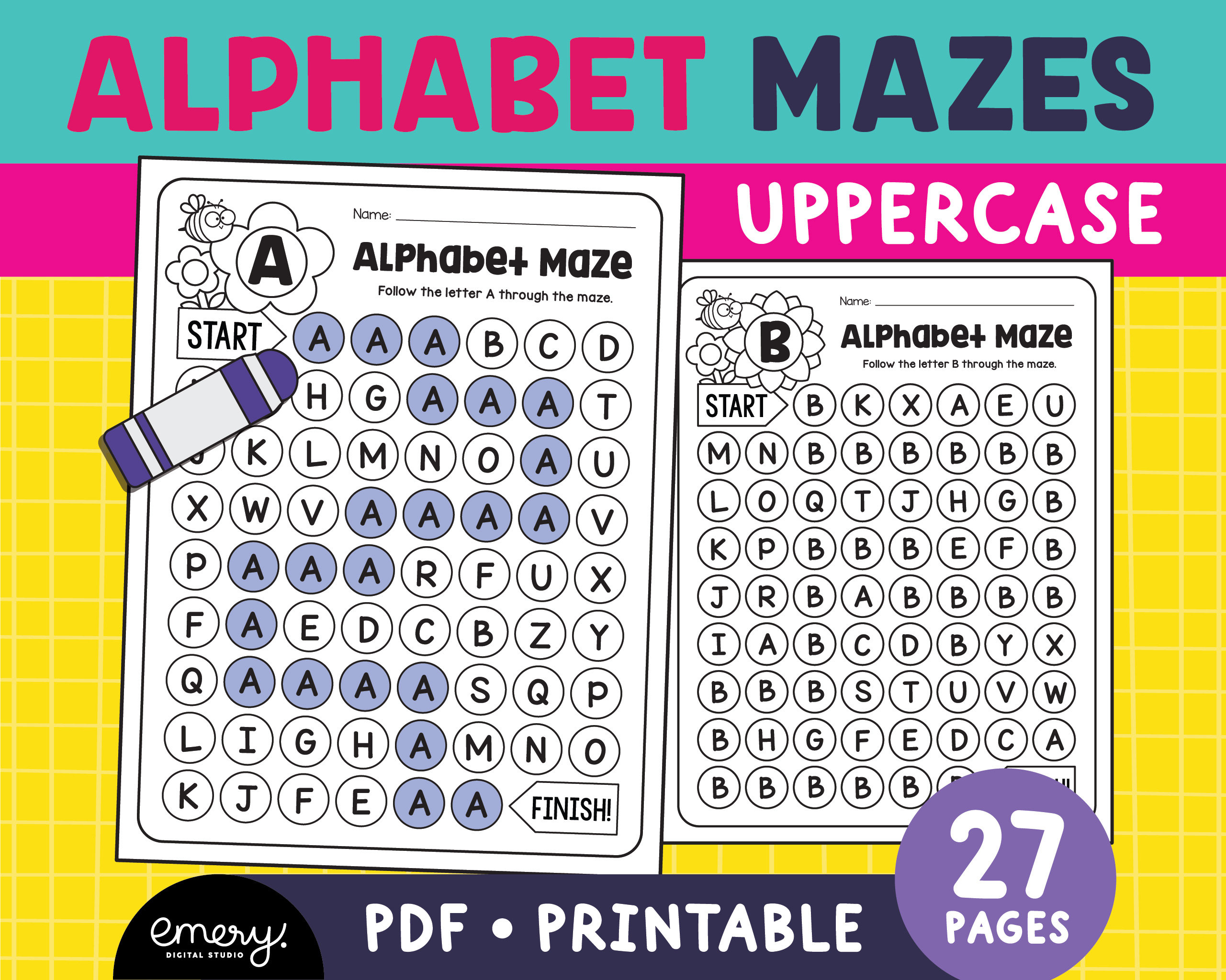 Alphabet Maze Worksheets, Uppercase A-Z Activity (PDF Pattern) - Etsy