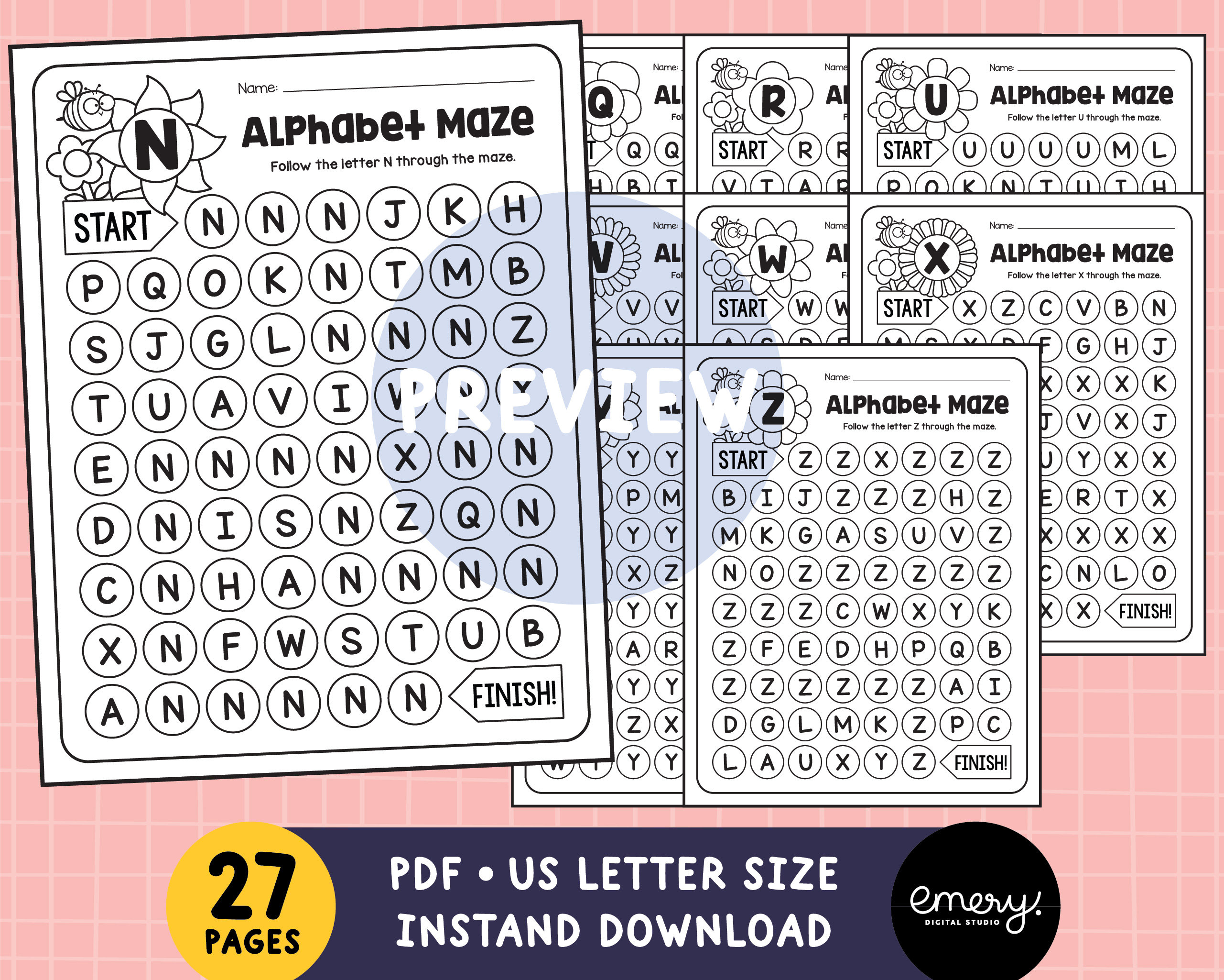 Alphabet Maze Worksheets, Uppercase A-Z Activity (PDF Pattern) - Etsy