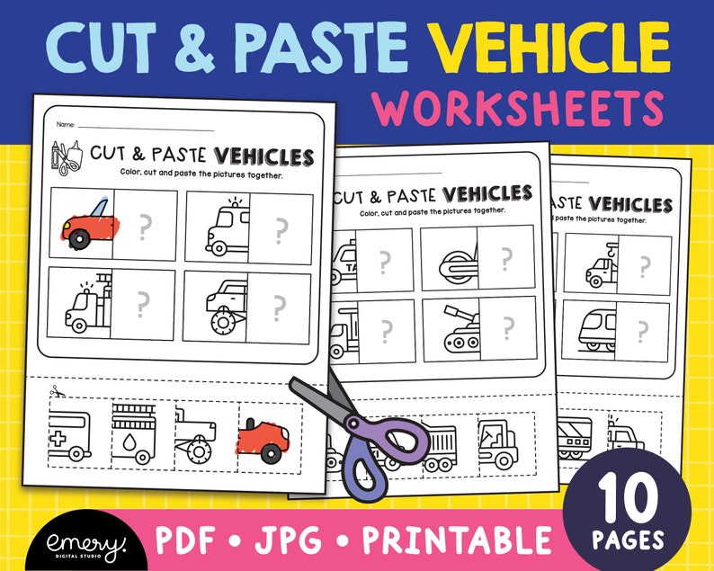 Vehicle Cut and Paste Worksheets for Kindergarten, Preschool, Back to ...