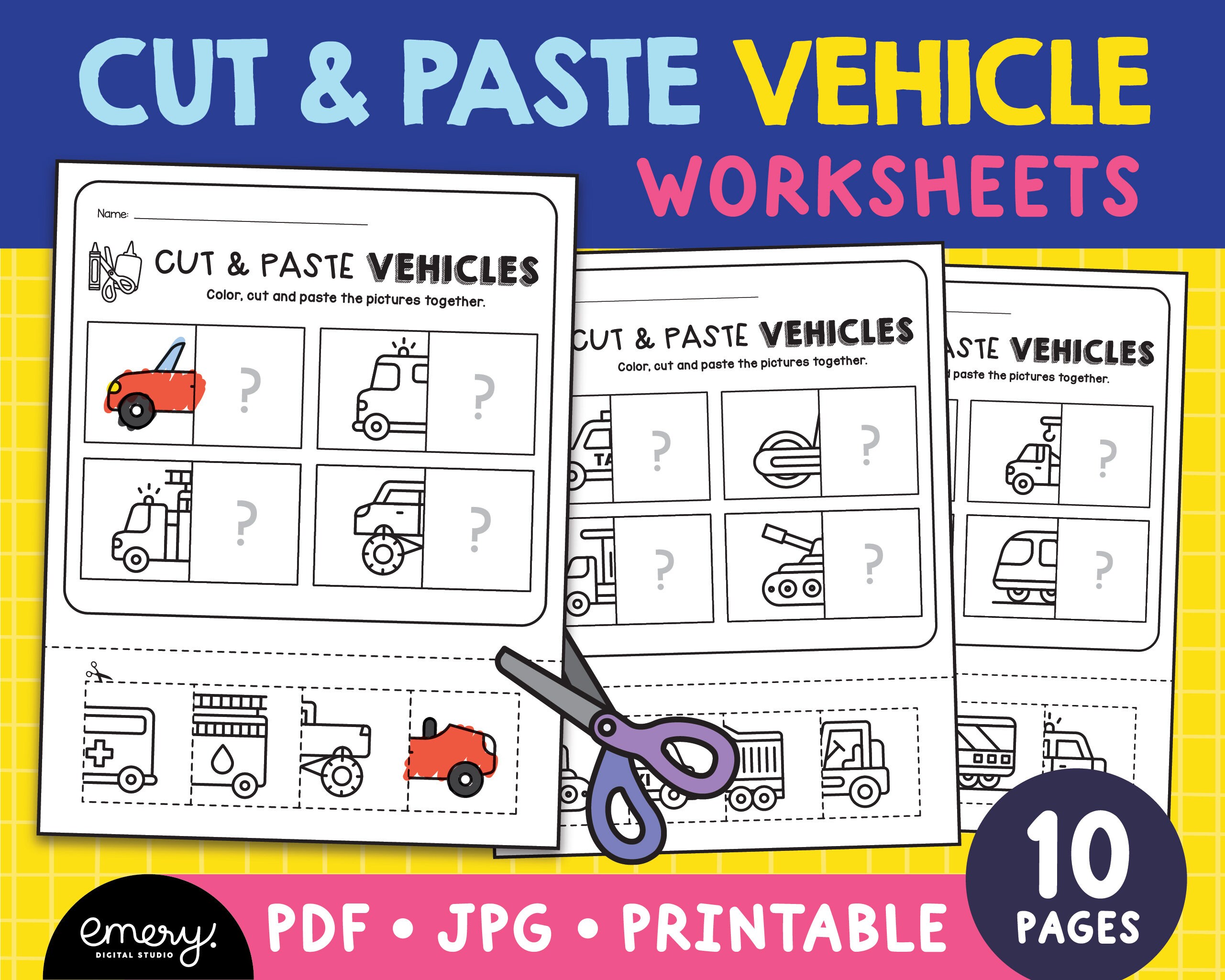 Vehicle Cut and Paste Worksheets for Kindergarten, Preschool, Back to ...