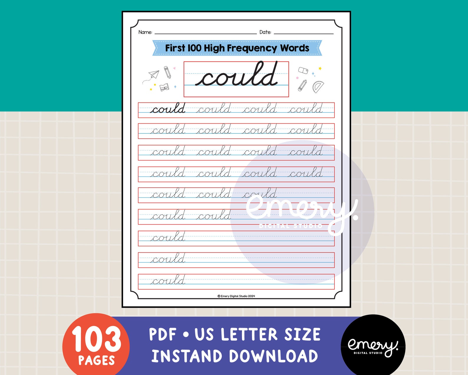 Cursive Handwriting Practice Sheets, First 100 High-frequency Words ...
