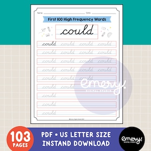 Cursive Handwriting Practice Sheets, First 100 High-frequency Words ...