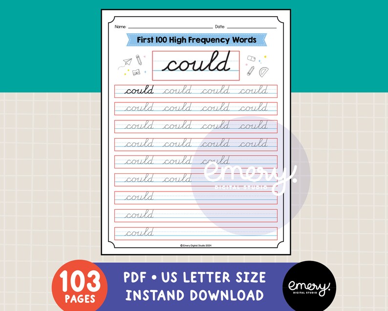 Cursive Handwriting Practice Sheets, First 100 High Frequency Words ...