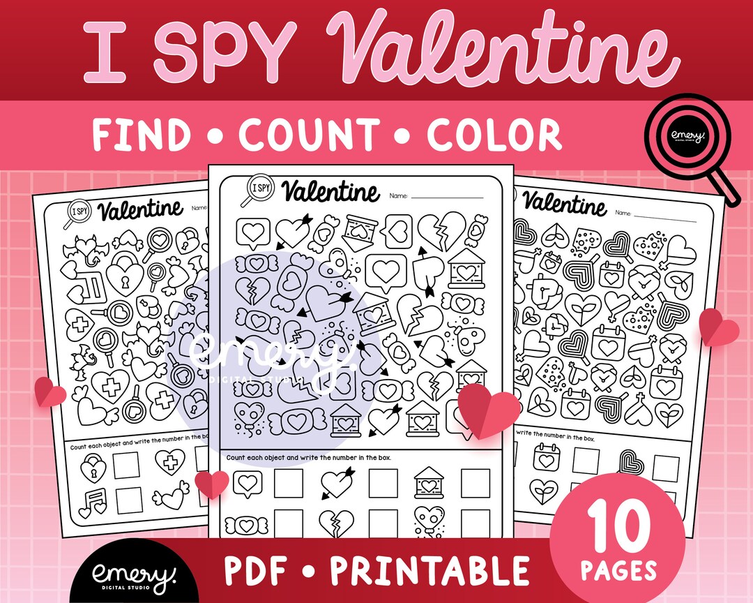 I Spy Valentine’s Day Activity for Kids, Find and Count Worksheets, I ...