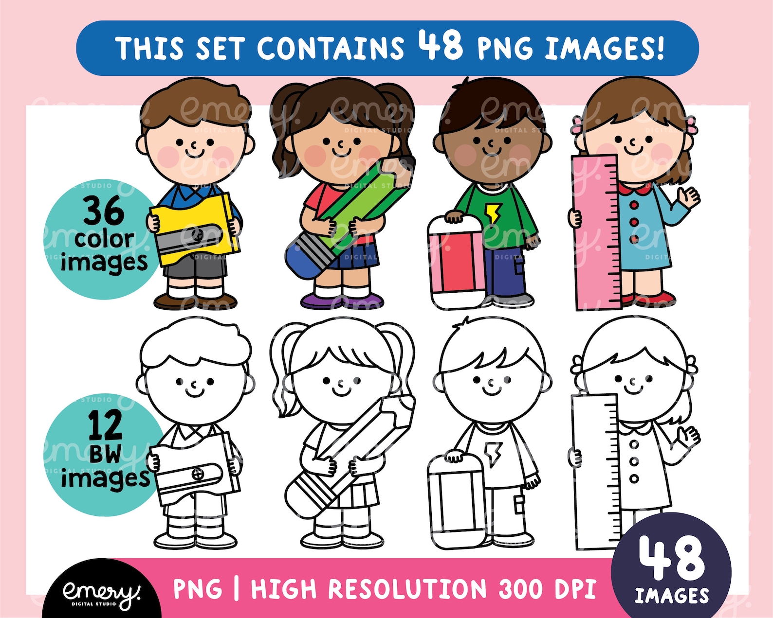 Back to School Kids Clipart, Kids With Stationery Clipart, Back to ...