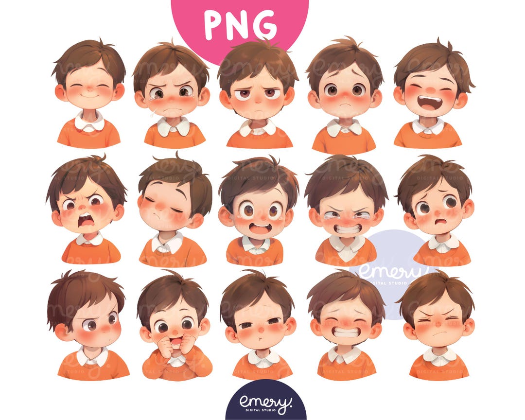 Cute Little Boy With Different Emotions, PNG Clip Art, Watercolor Kids ...