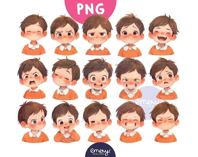 Watercolor Cartoon Kids Clip Art, Emotions PNG (digital Download ...