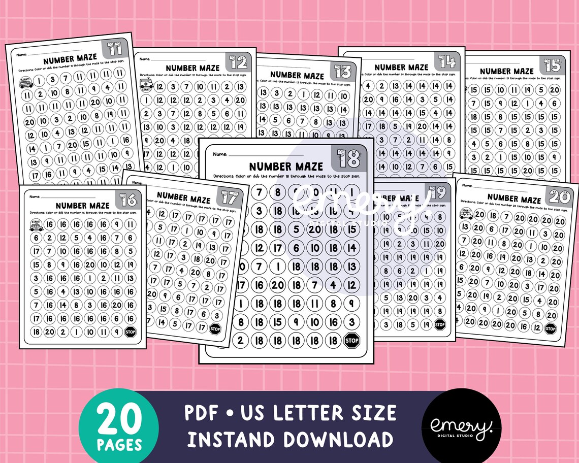 Number Mazes 1-20 Worksheets, Dot the Number Mazes, Dot Marker Number ...