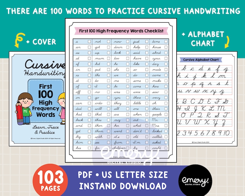 Cursive Handwriting Practice Sheets, First 100 High-frequency Words ...