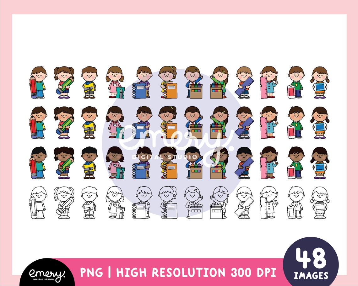 Back to School Kids Clipart, Kids With Stationery Clipart, Back to ...