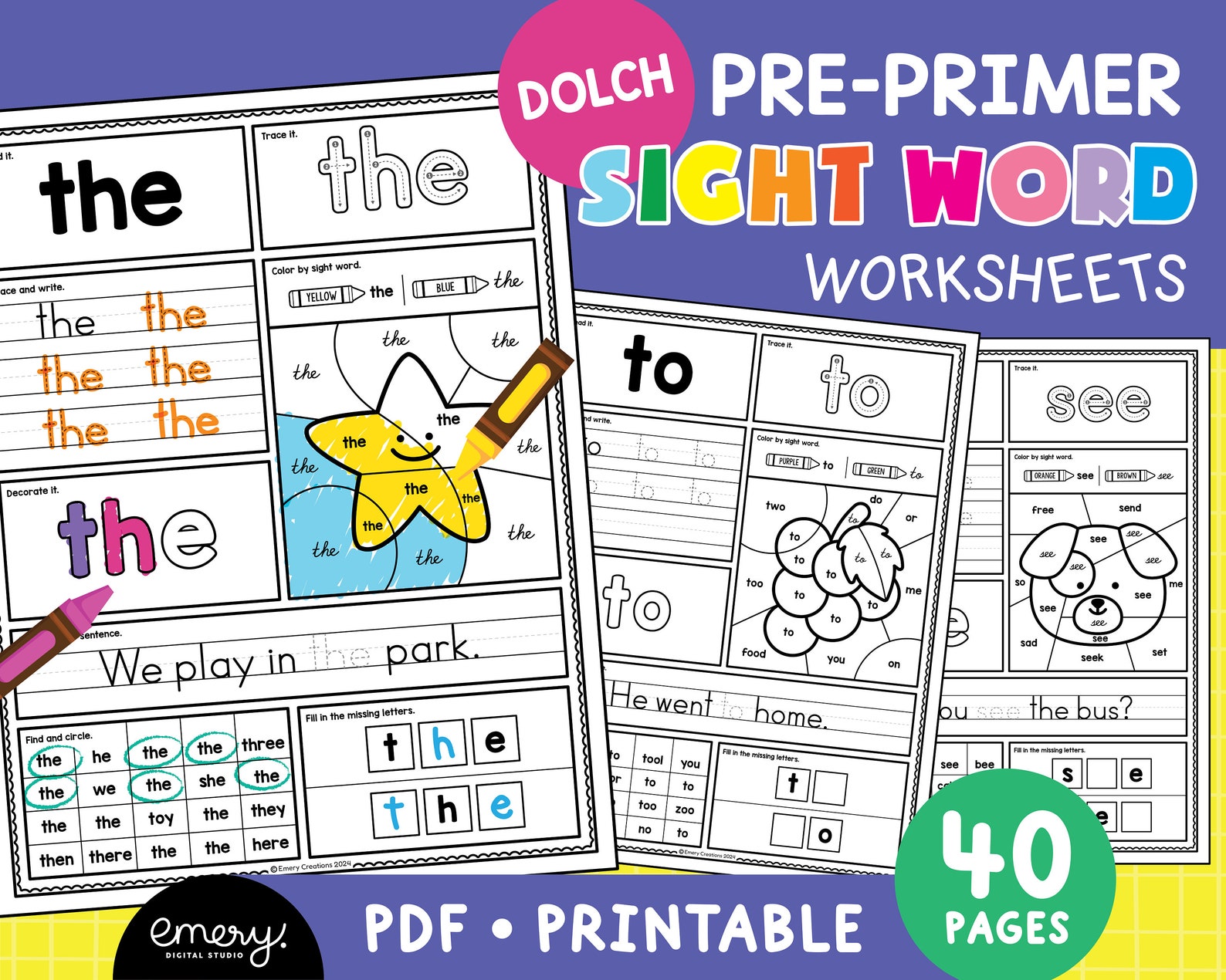 Preschool Dolch Sight Word Worksheets, Pre-primer Sight Words, 40 Sight ...