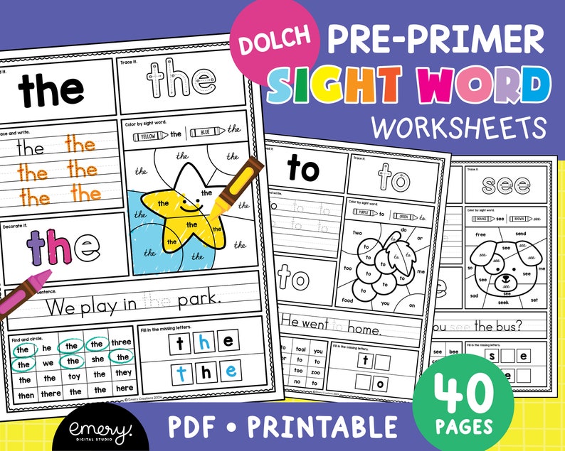 Preschool Dolch Sight Word Worksheets, Pre-primer Sight Words, 40 Sight ...