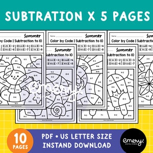 Summer Color by Code Addition Subtraction Within 10 Worksheets ...