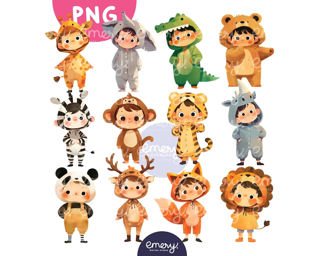 Safari Animals PNG, Kids Wearing Animal Costumes Clipart, Kids Mascot ...