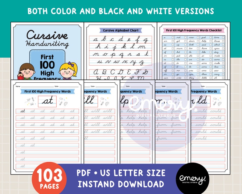 Cursive Handwriting Practice Sheets, First 100 High-frequency Words ...