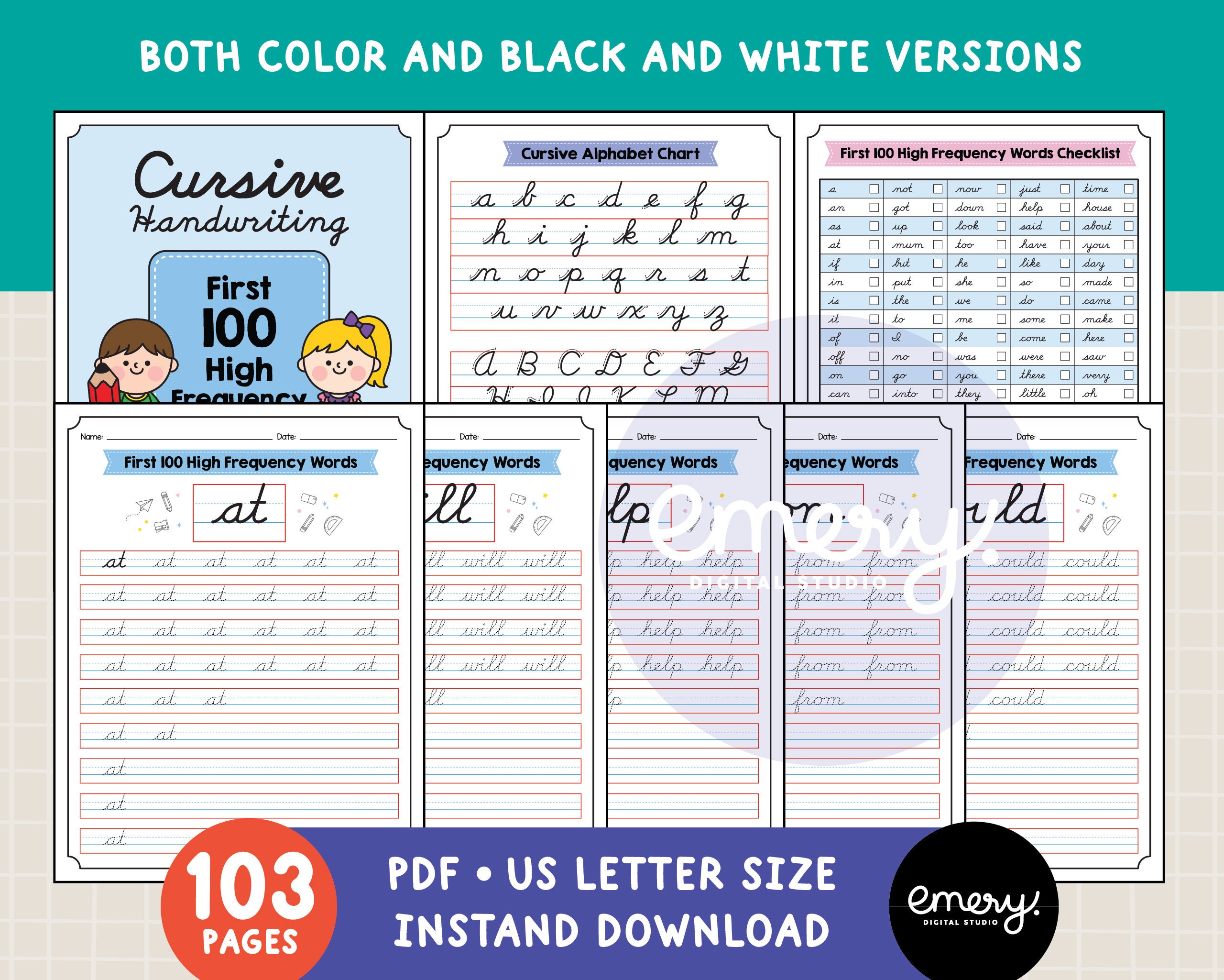 Cursive Handwriting Practice Sheets, First 100 High Frequency Words ...