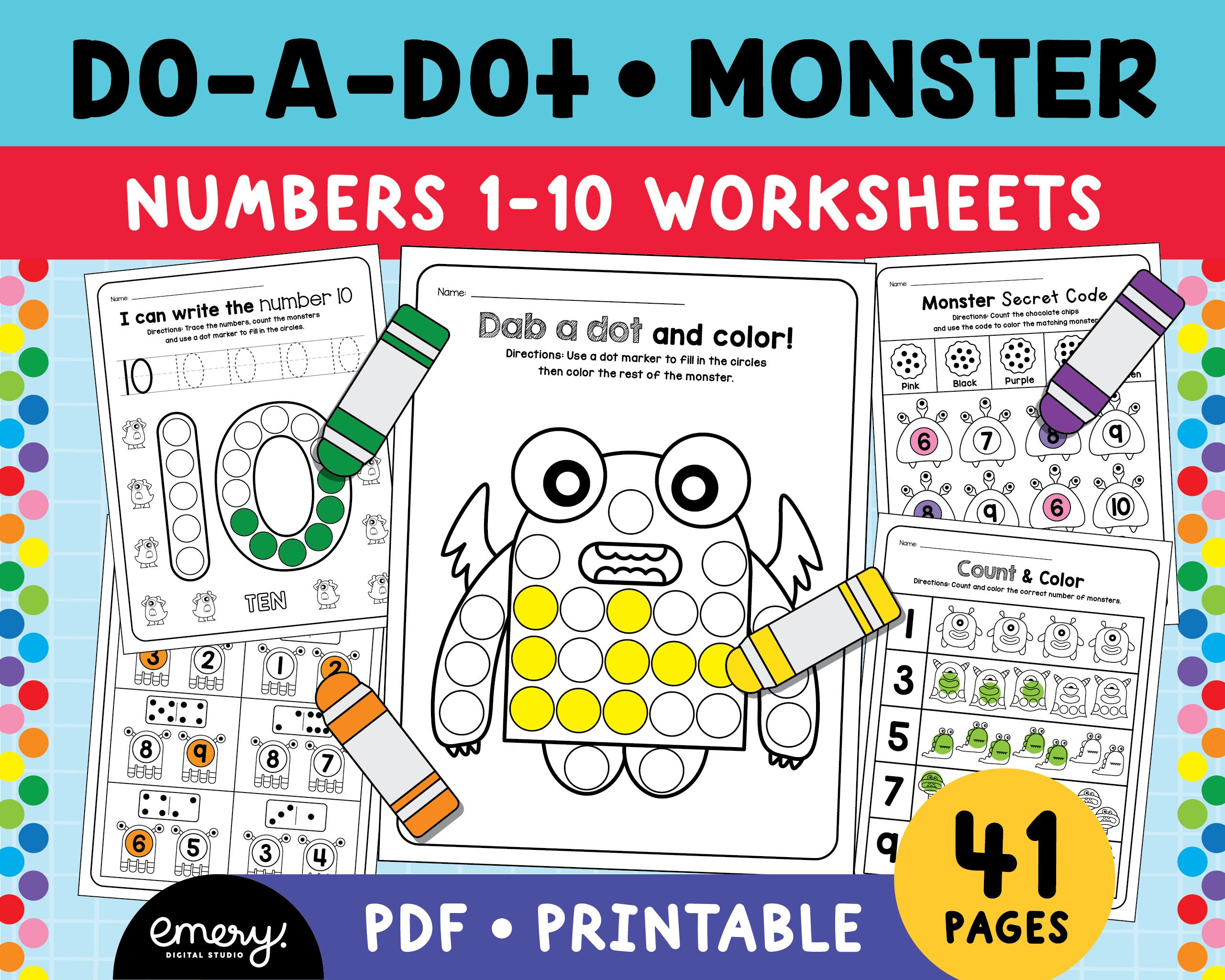 Do-a-dot Monsters, Numbers 1-10 Worksheets, Dot Marker Math Worksheets ...