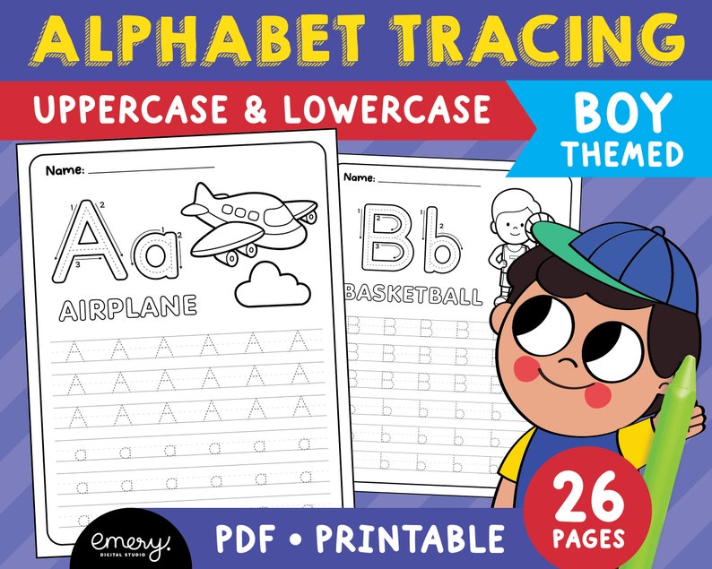Alphabet Tracing Worksheets, Boy Themed Handwriting Practice (PDF ...