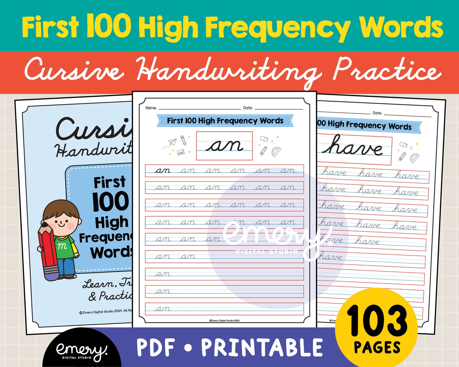 Cursive Handwriting Practice Sheets, First 100 High-frequency Words ...