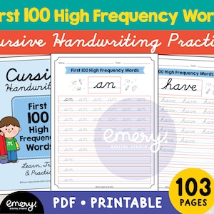 Cursive Handwriting Practice Sheets, First 100 High-frequency Words ...