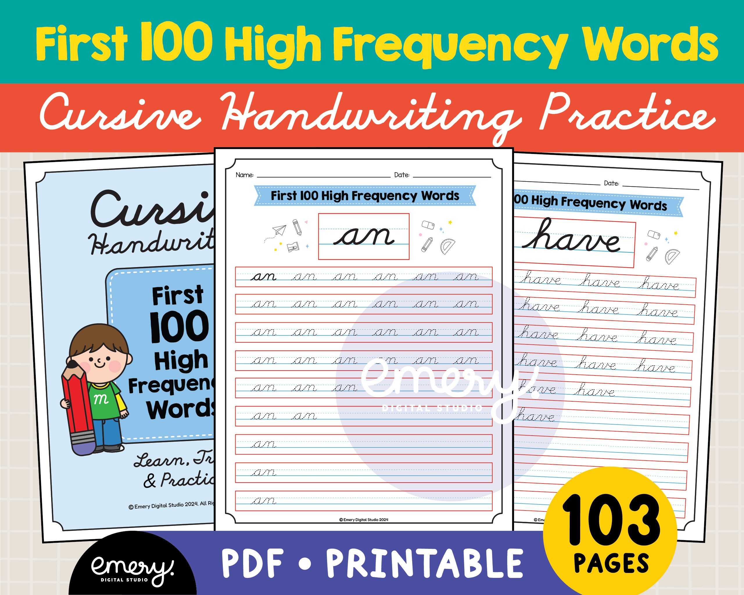 Cursive Handwriting Practice Sheets, First 100 High-frequency Words ...