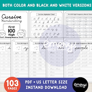 Cursive Handwriting Practice Sheets, First 100 High-frequency Words ...