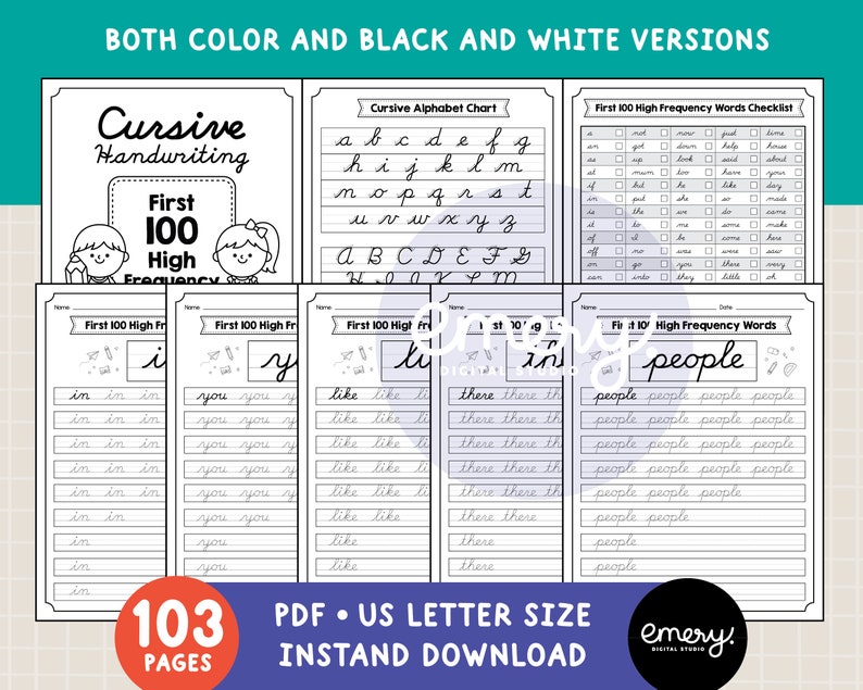 Cursive Handwriting Practice Sheets, First 100 High-frequency Words ...
