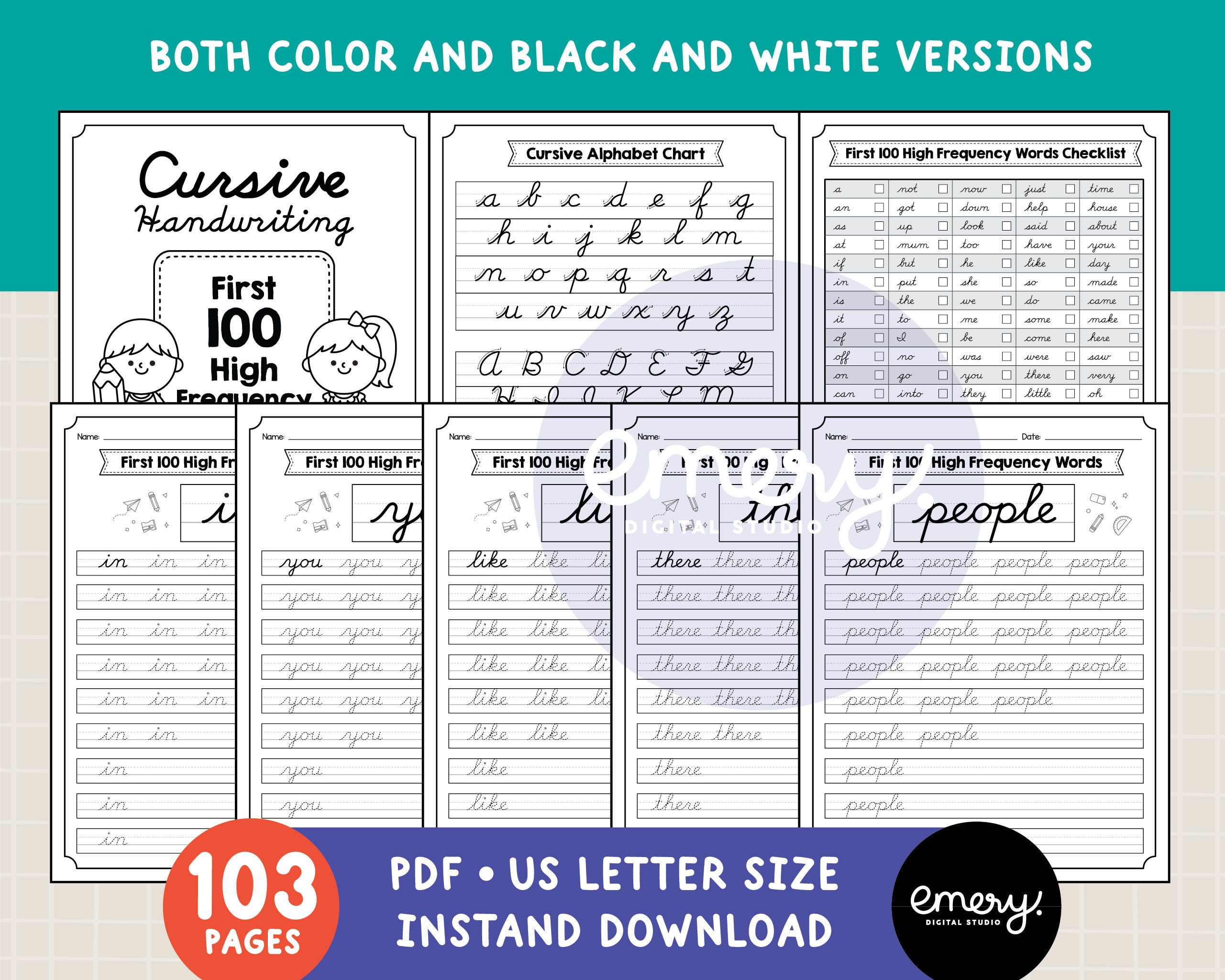 Cursive Handwriting Practice Sheets, First 100 High Frequency Words ...