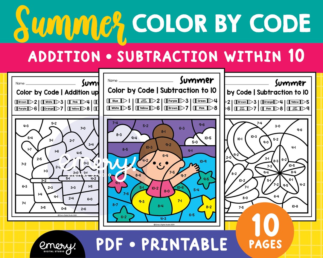 Summer Color by Code Addition Subtraction Within 10 Worksheets ...