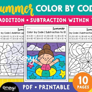 Summer Color by Code Addition Subtraction Within 10 Worksheets ...