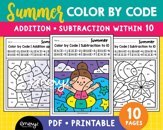 Addition To 10 Colouring Worksheets Summer Color By Code Addition