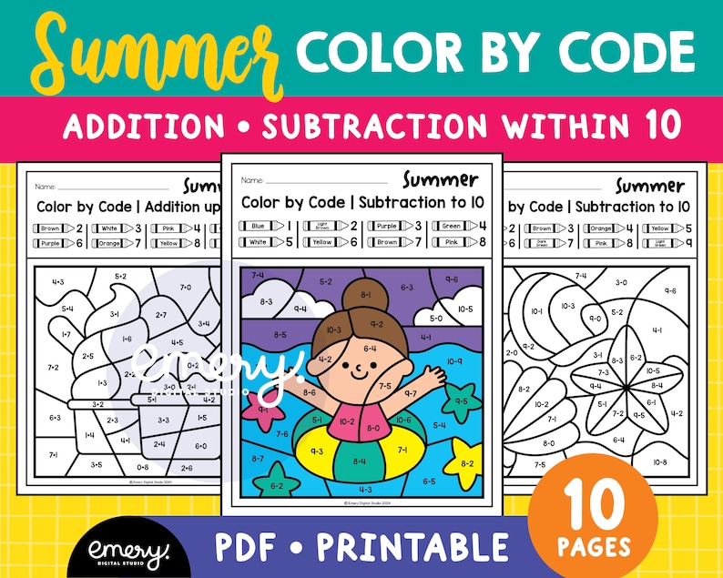 Summer Color by Code Addition Subtraction Within 10 Worksheets ...