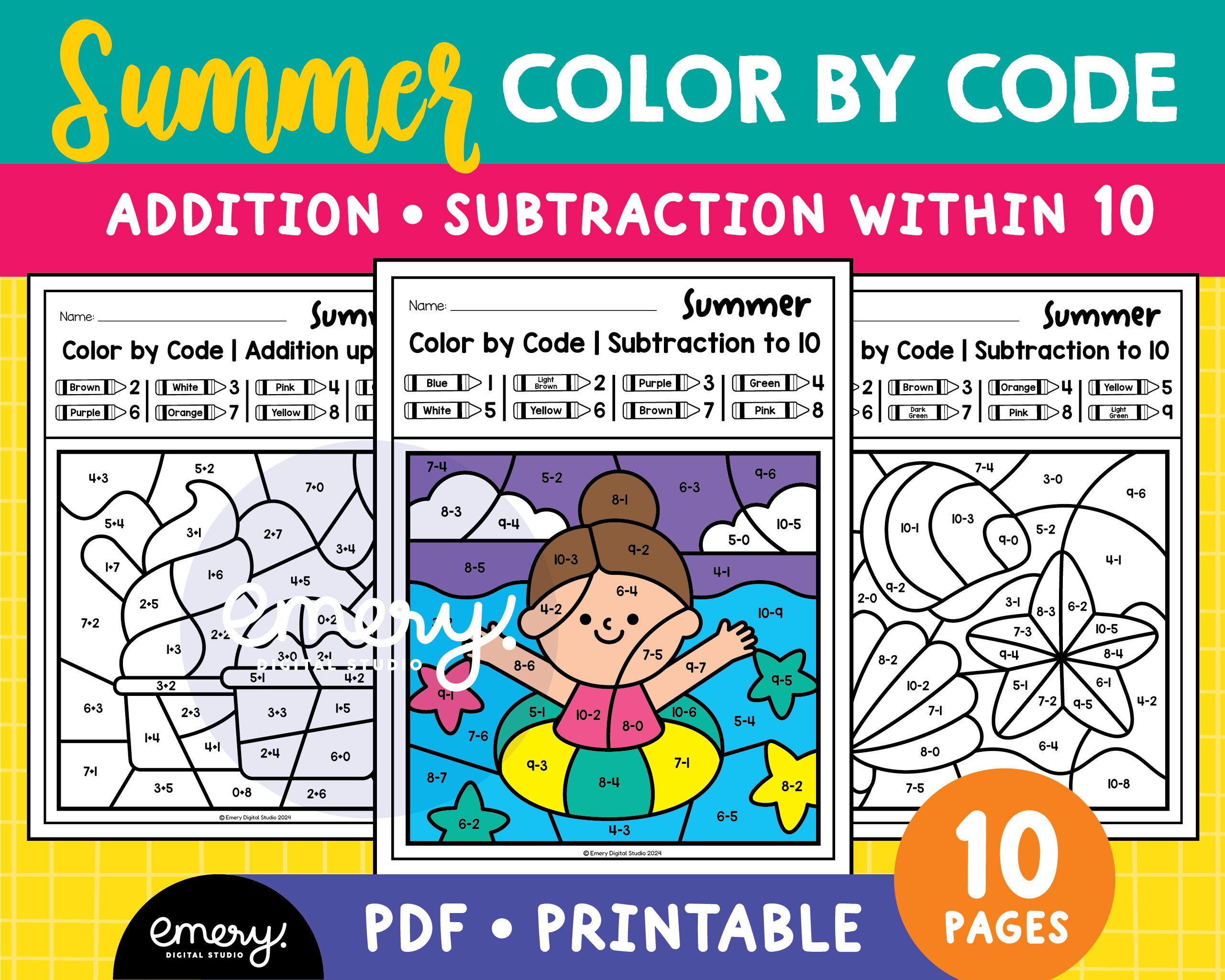 Summer Color by Code Addition Subtraction Within 10 Worksheets ...