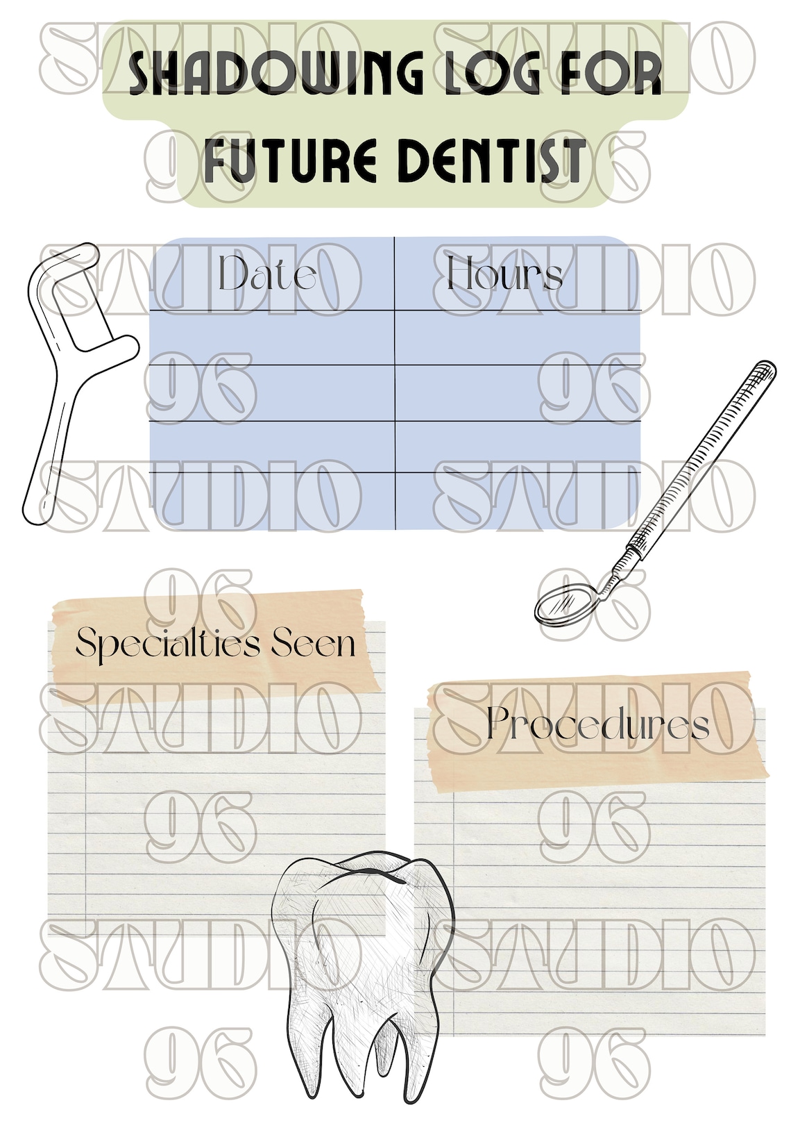 Dental Shadowing Planner Template Log for Future Dentist Printable ...